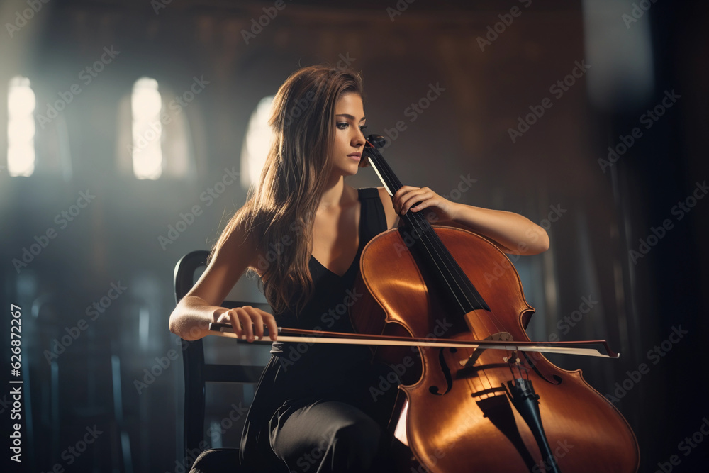 Female cellist practicing in an empty concert hall, her passion visible ...