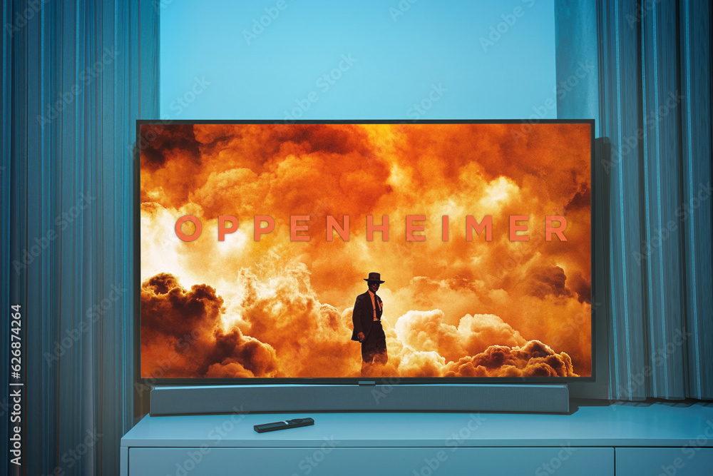 Oppenheimer movie logo and poster on TV screen Stock Photo | Adobe Stock