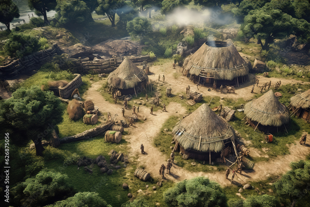 Prehistoric human settlement with people living there, AI generated ...