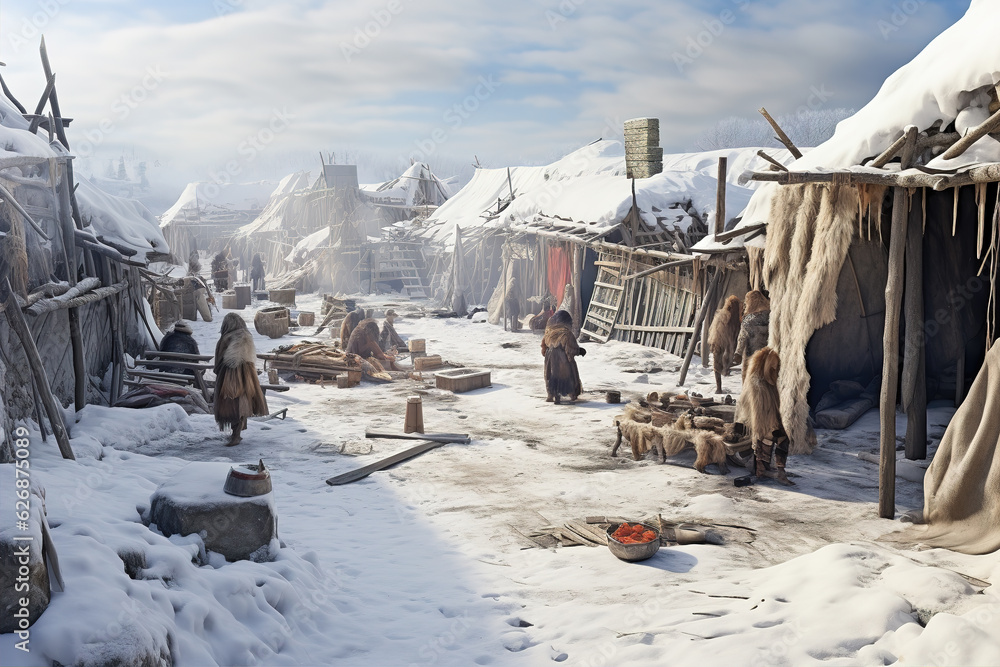 Ice Age frozen settlement with prehistoric people living there, AI ...