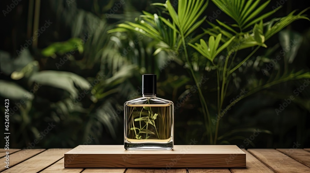 perfume bottle on wooden table with plant background for mockup design ...