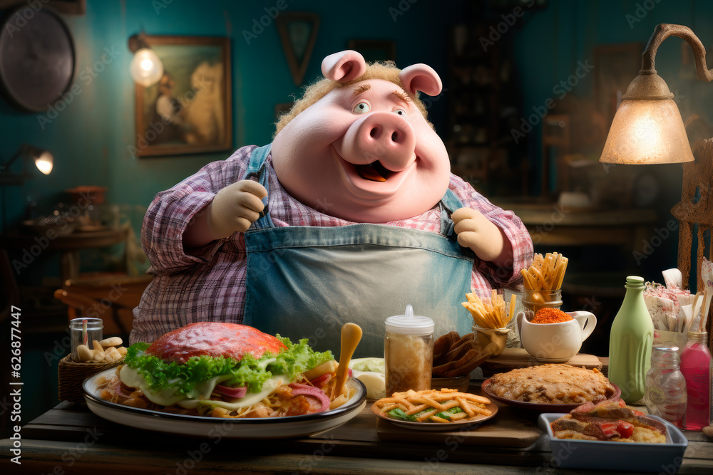 Pig eating junk food, obesity problems, unhealthy lifestyle Stock ...