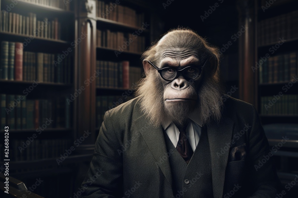 An ape wearing a suit standing in an old library created with ...