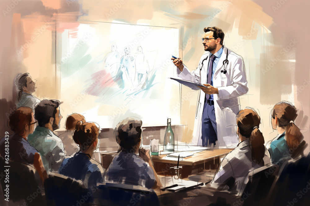 A doctor, from behind of a whiteboard, drawing diagrams and making ...