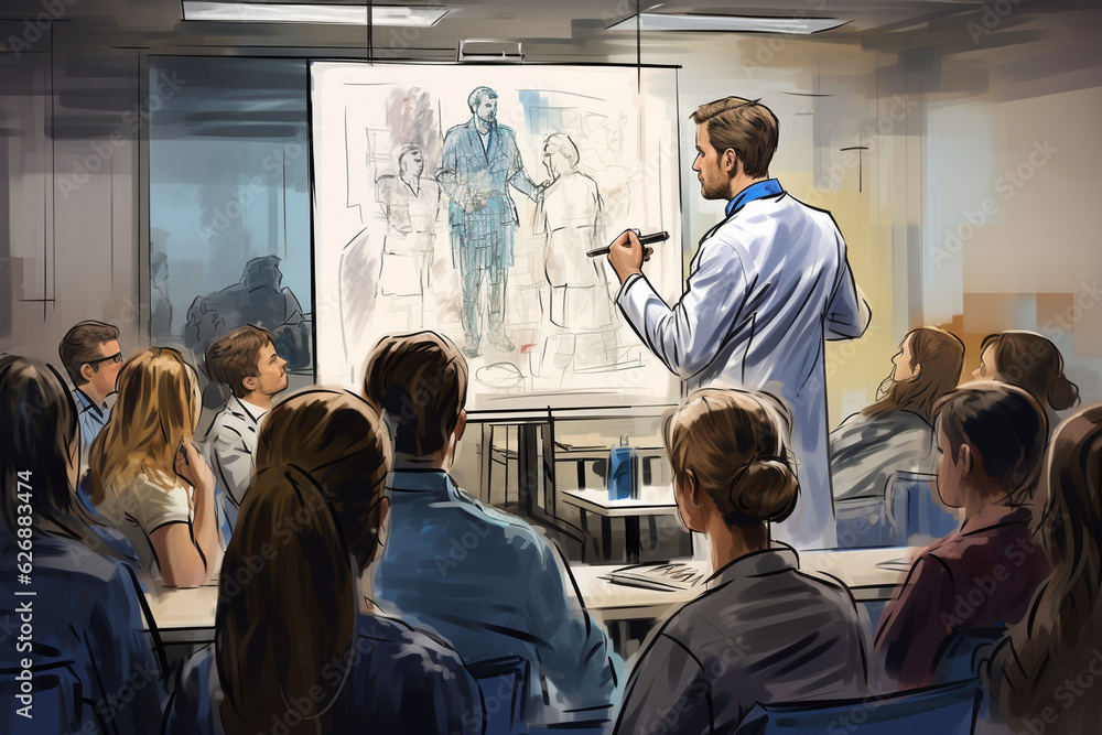 A doctor, from behind of a whiteboard, drawing diagrams and making ...