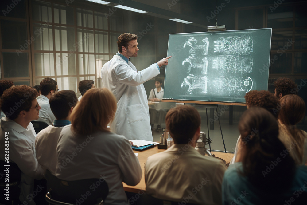 A doctor, from behind of a whiteboard, drawing diagrams and making ...