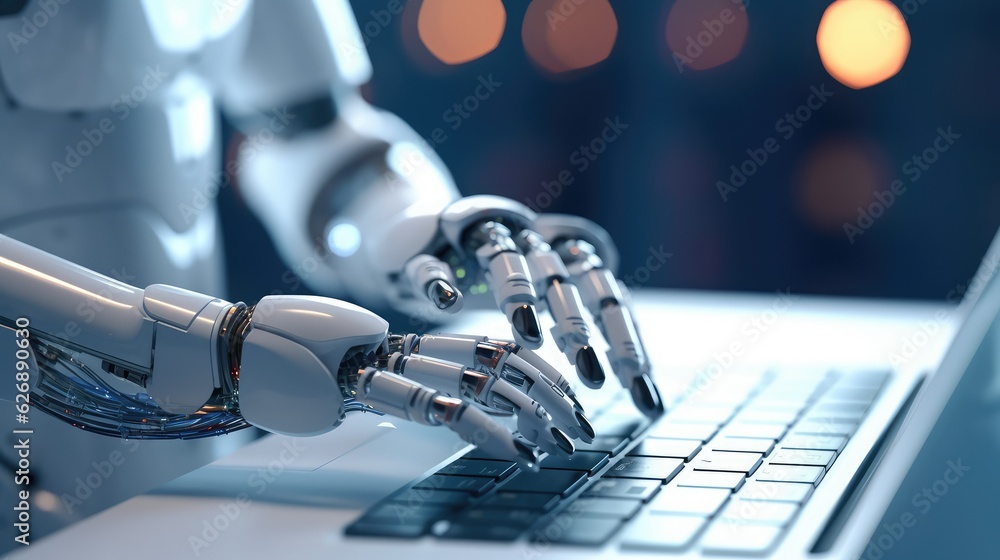 White Ai robot working and looking on monitor creen computer lab, high-tech artificial ...