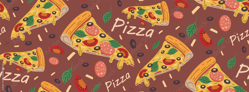 Pattern of pizza slices. Seamless pattern. Tasty food. The print is ...