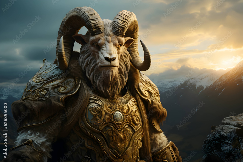 Anthropomorphic Aries, sheep-headed man, stunning graphics, He wears ...