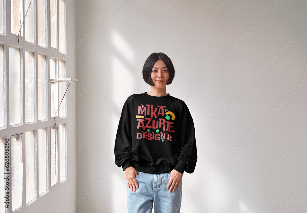 Mockup of Japanese woman wearing customizable long sleeve top, front ...