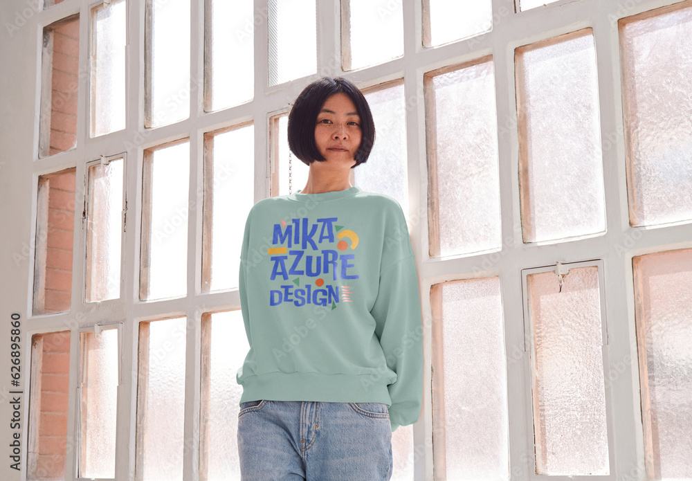 Mockup of Japanese woman wearing customizable long sleeve top next to ...
