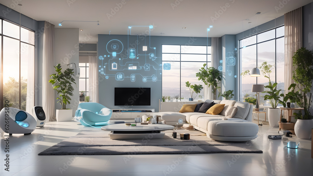 Smart home technology in a futuristic design setting at night, with a ...