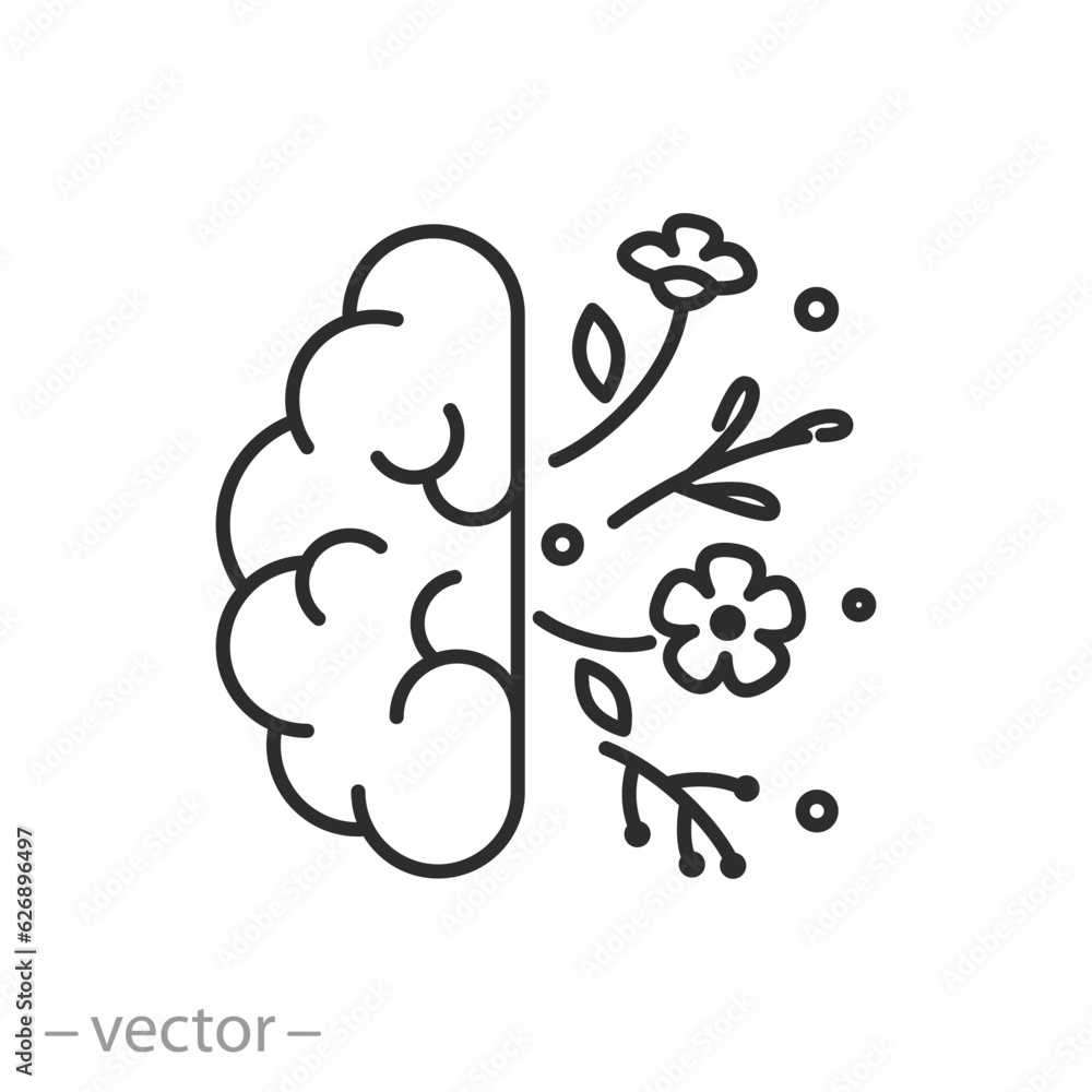 wellness mental health icon, human brain with beautiful flowers ...