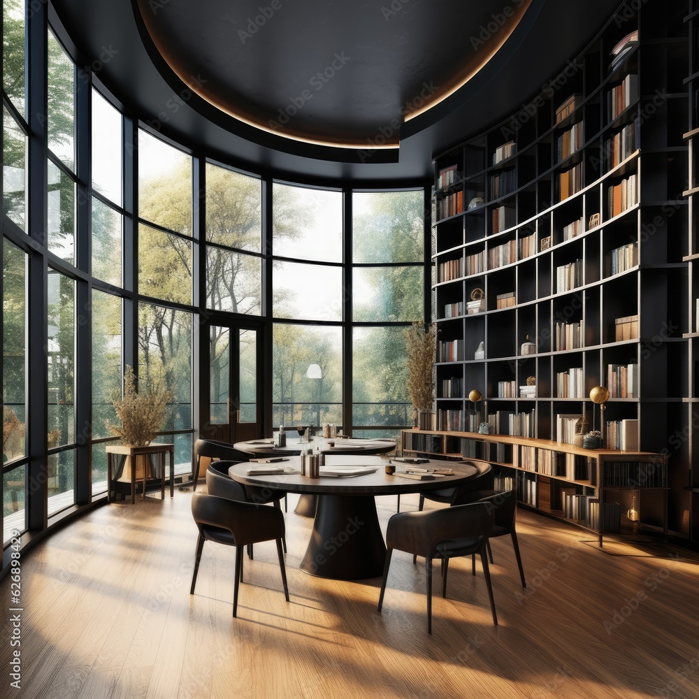 Realistic modern library with a lot of light, large window, a lot of ...