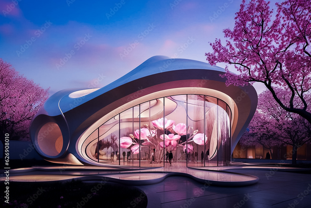 Architecture moderne aux formes arrondies, entourée de fleurs roses de ...