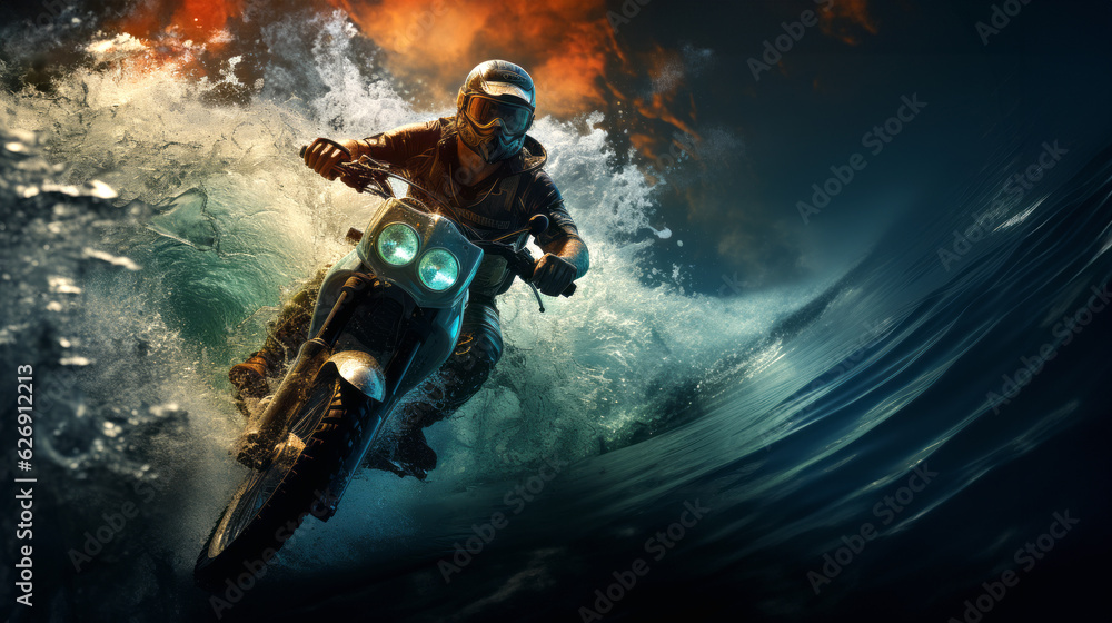 Biker driving fast with a Motocross through a big wave of water with ...