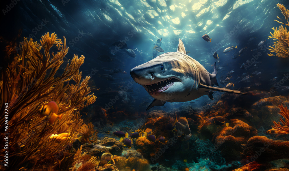 Large Shark with many scars of fightings on his skin and big teeth just ...