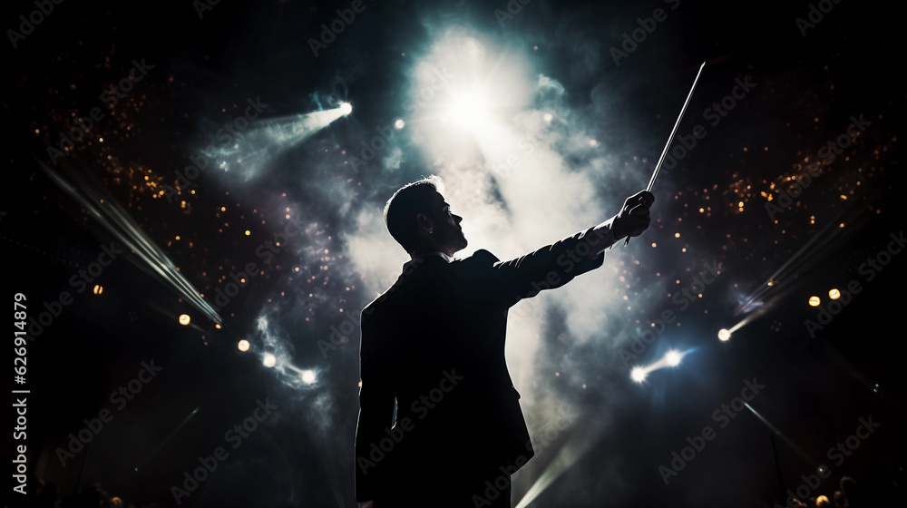 Orchestra conductor in action, seen from the orchestra's perspective ...