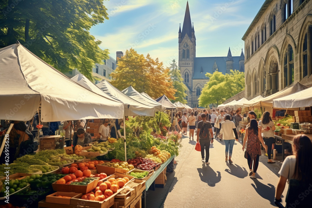 a bustling outdoor farmers' market, overflowing with local produce, in the heart of the city ...