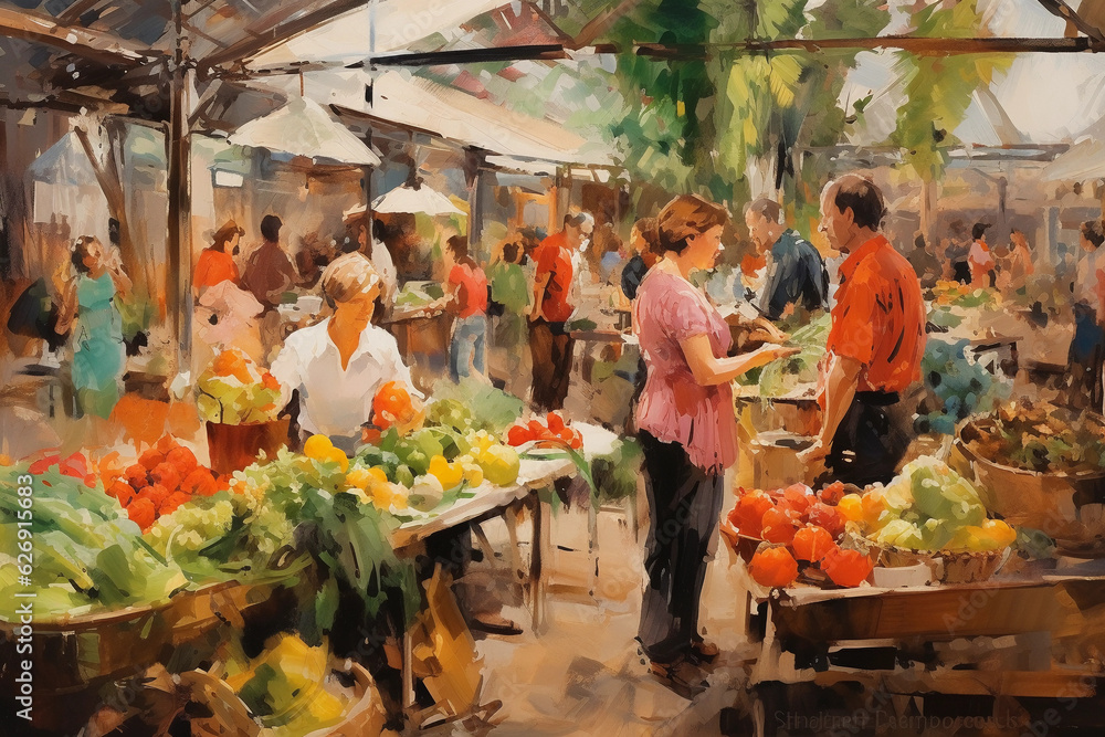 Neo - expressionism painting, busy farmers' market scene, showcasing ...