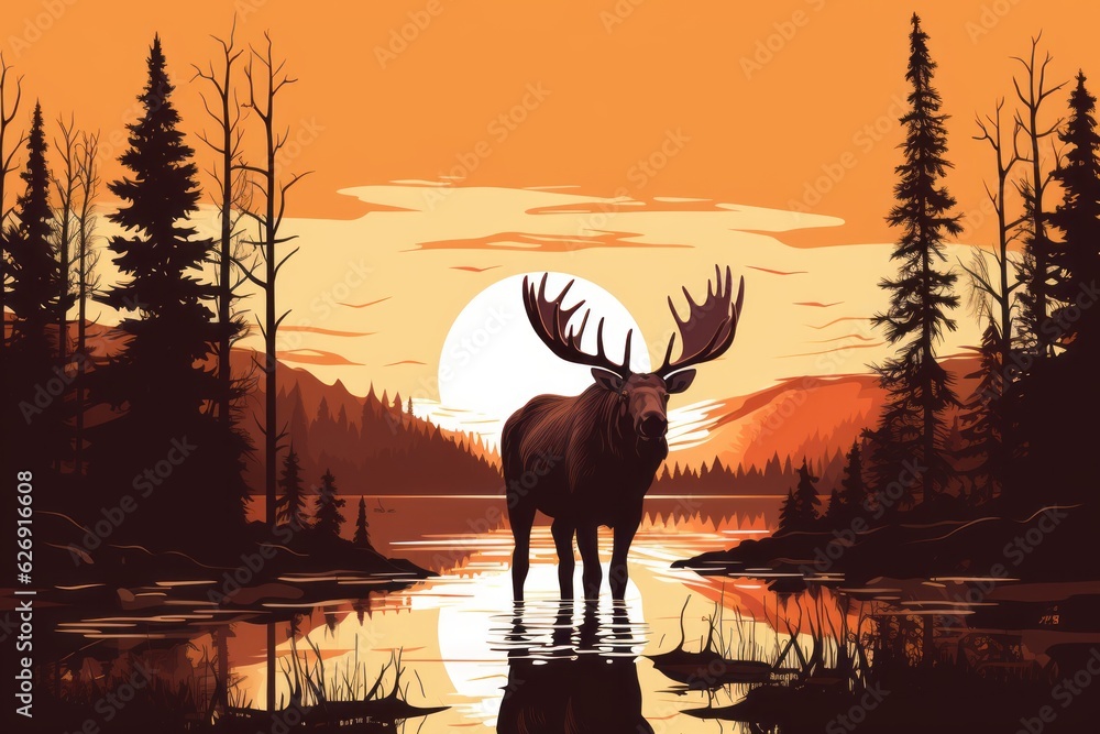 Sunset and moose silhouette with trees. Beautiful illustration picture ...