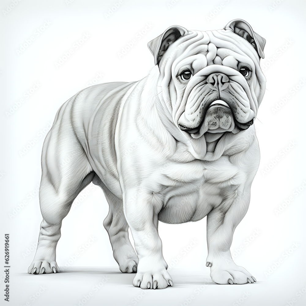 a highly detailed pencil drawing of a Bulldog dog full body no ...