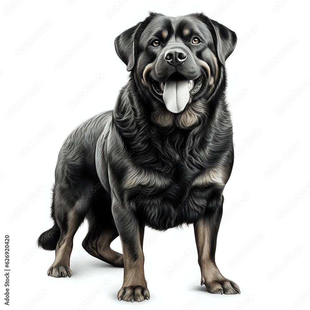 a highly detailed pencil drawing of a Rottweiler dog full body no ...