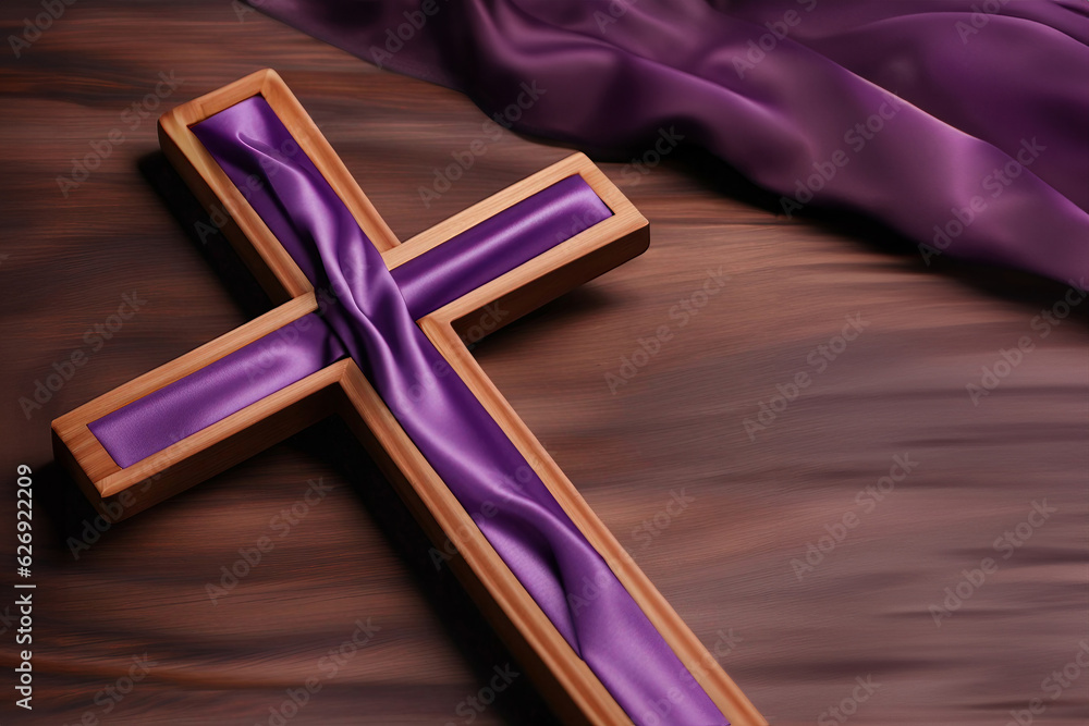 Realistic picture of a wooden Christian cross with purple velvet sign ...