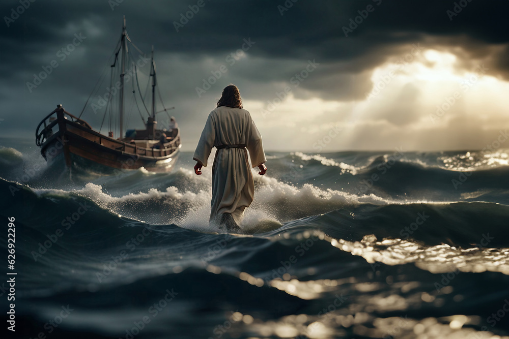 Realistic picture of Jesus walking on water in storm, created with ...