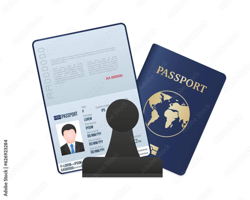 Passport with visa stamp. Identification document and stamp. Blank open ...