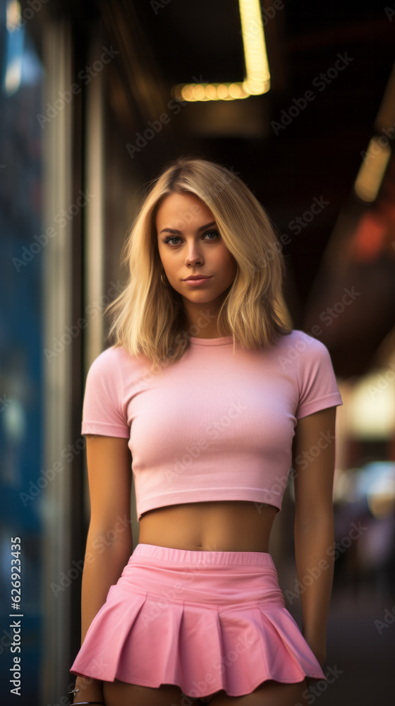 Attractive woman with straight blonde hair wearing a pink mini skirt in the street Stock Photo ...