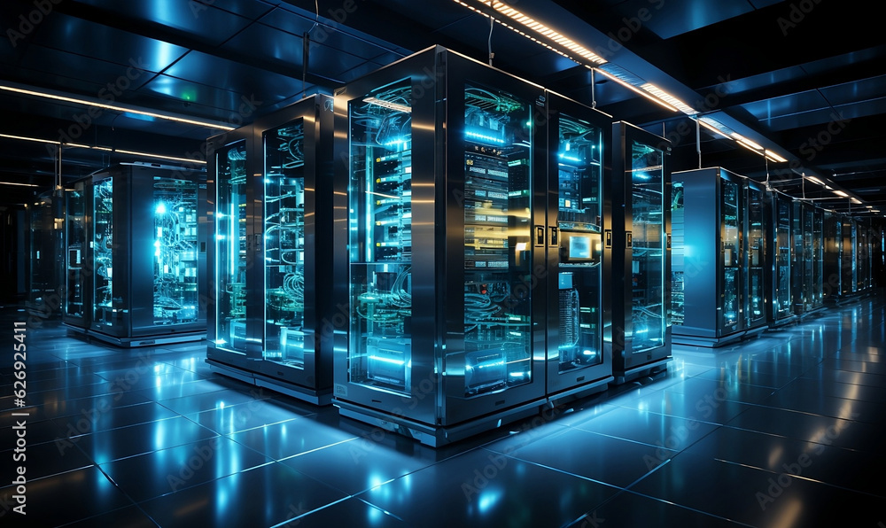 Data Center Server Room. Network Communication, Colorful Neon Server ...