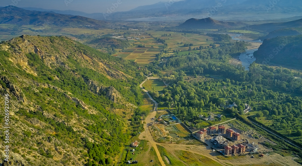Rupite area Bulgaria, aerial photography. View of the valley in early ...