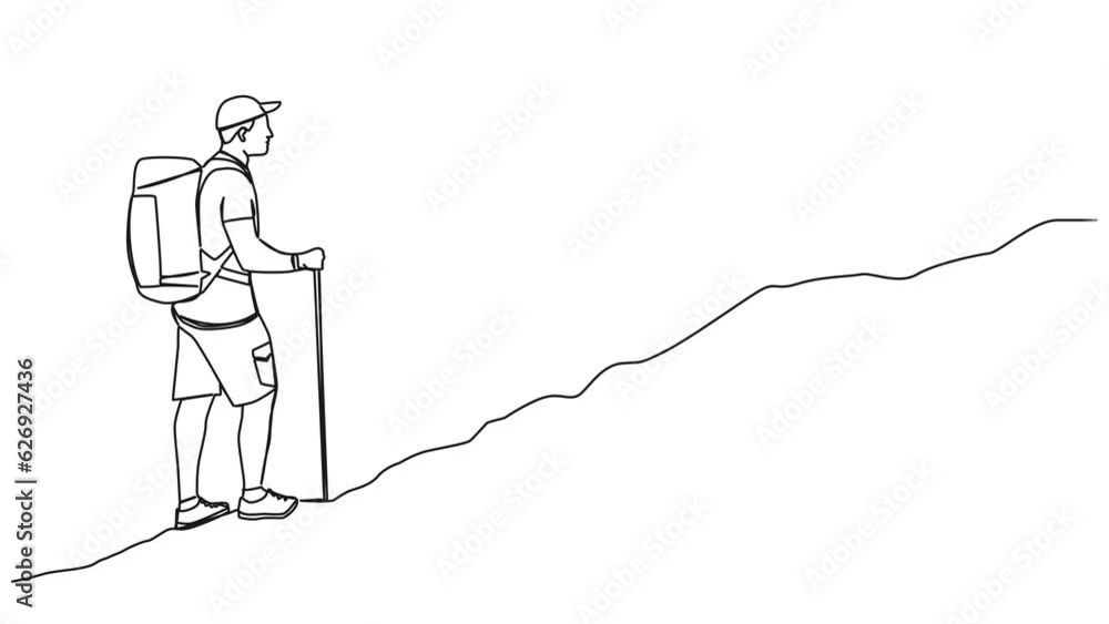 animated continuous single line drawing of man with trekking pole and ...