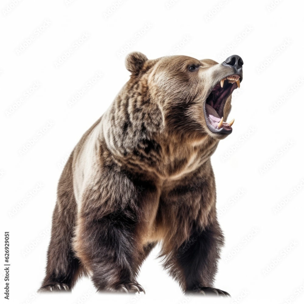 Intimidating brown grizzly bear roaring aggressively, captured isolated on a white background ...
