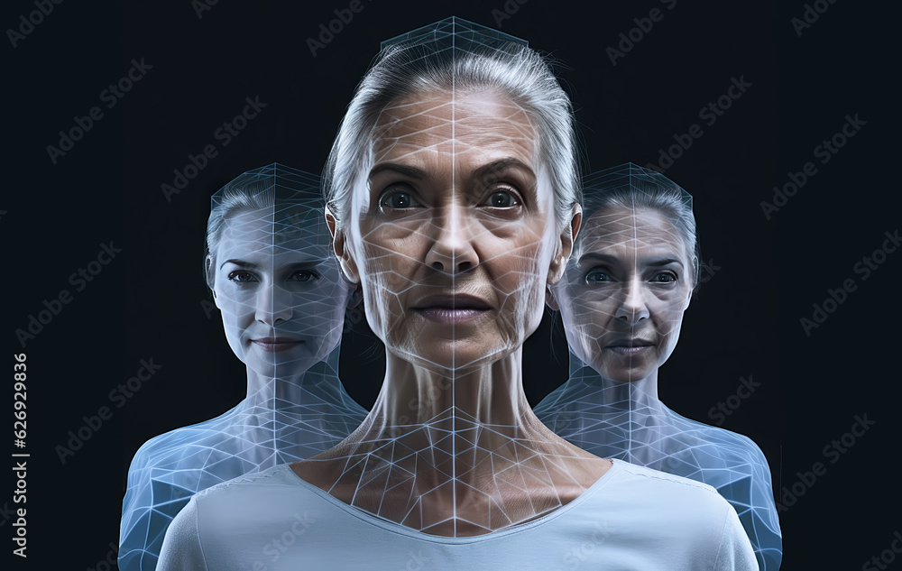 Aging concept: stages of growing of woman. Black background. young ...