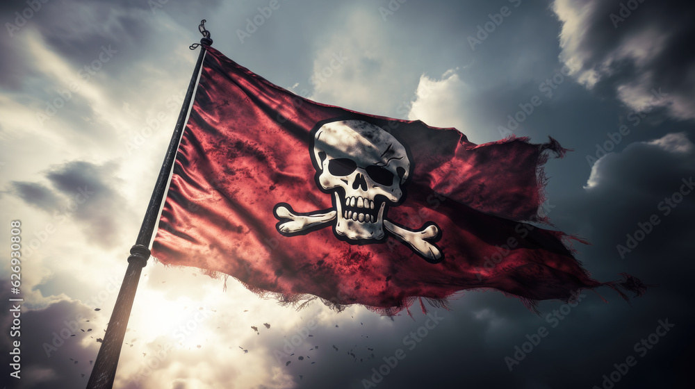 Pirate flag with skull and bones waving in the wind, cloudy sky ...