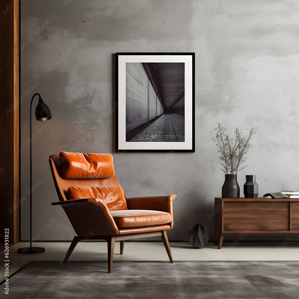 Modern simple man-cave with one picture frame on the wall, living room ...