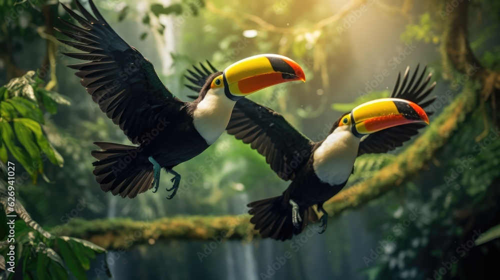 Image of Toucans Flying Amidst a Lush Tropical Rainforest - Generative AI Illustration Stock ...