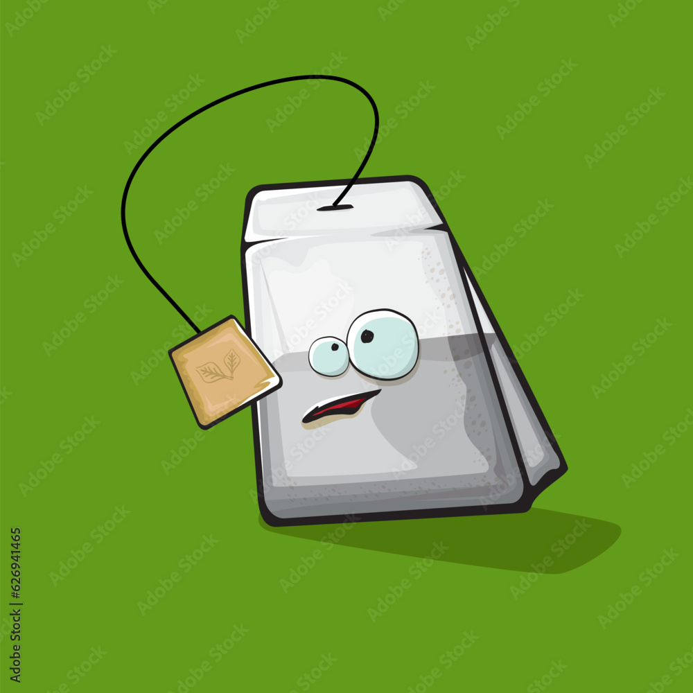 Tea bag character. Cartoon tea bag isolated on green background. Funky ...