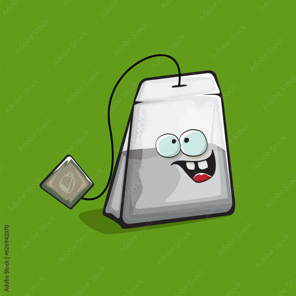 Tea bag character. Cartoon tea bag isolated on green background. Funky ...