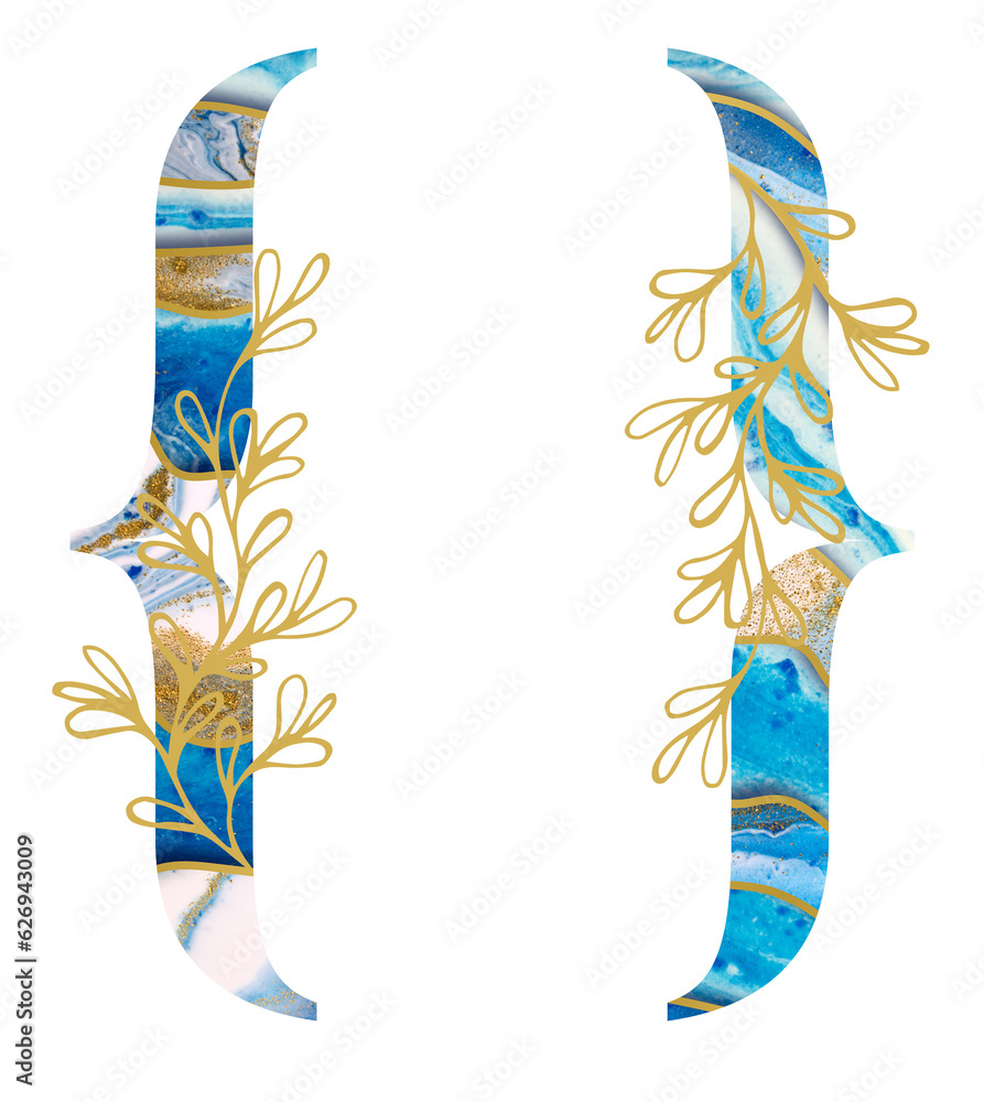 Blue gold marble ink symbols and punctuation marks, isolated on ...