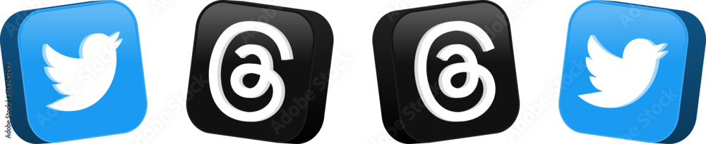 Twitter and threads app icons in 3d modern square. 3d social media ...
