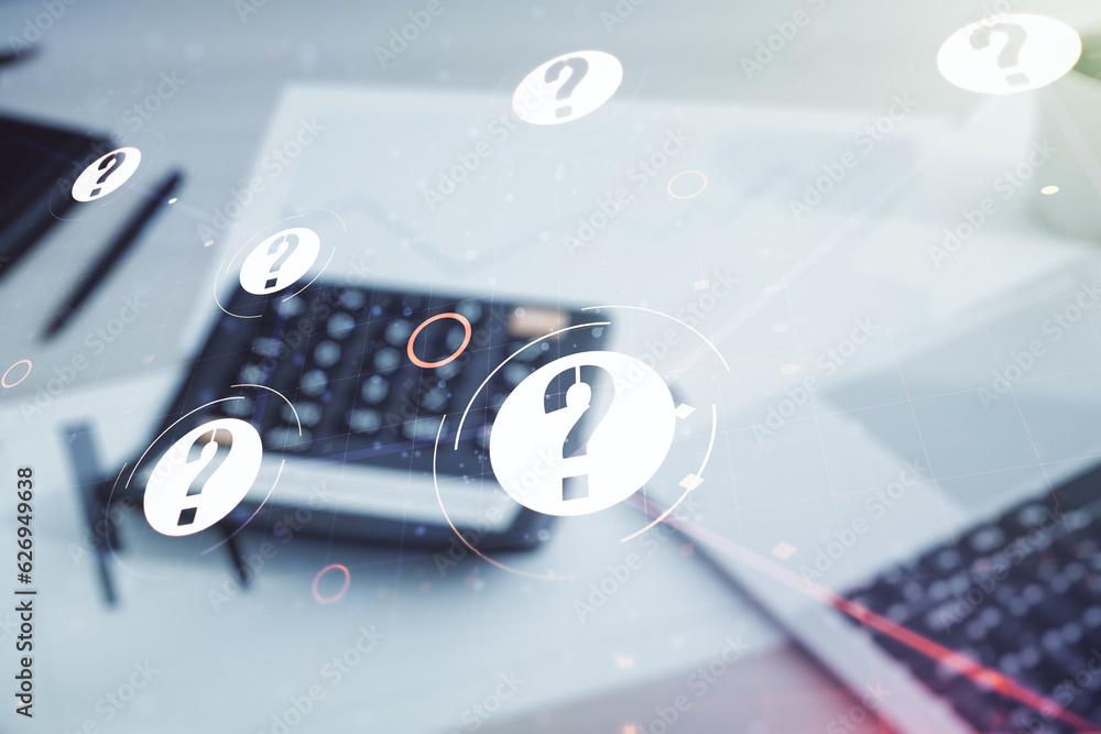 Abstract virtual question mark hologram on blurry calculator and ...