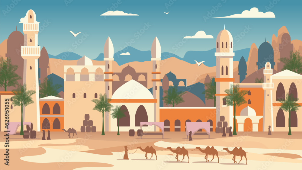 Cartoon Color Arab Desert Saudi Market with Traditional Islamic ...