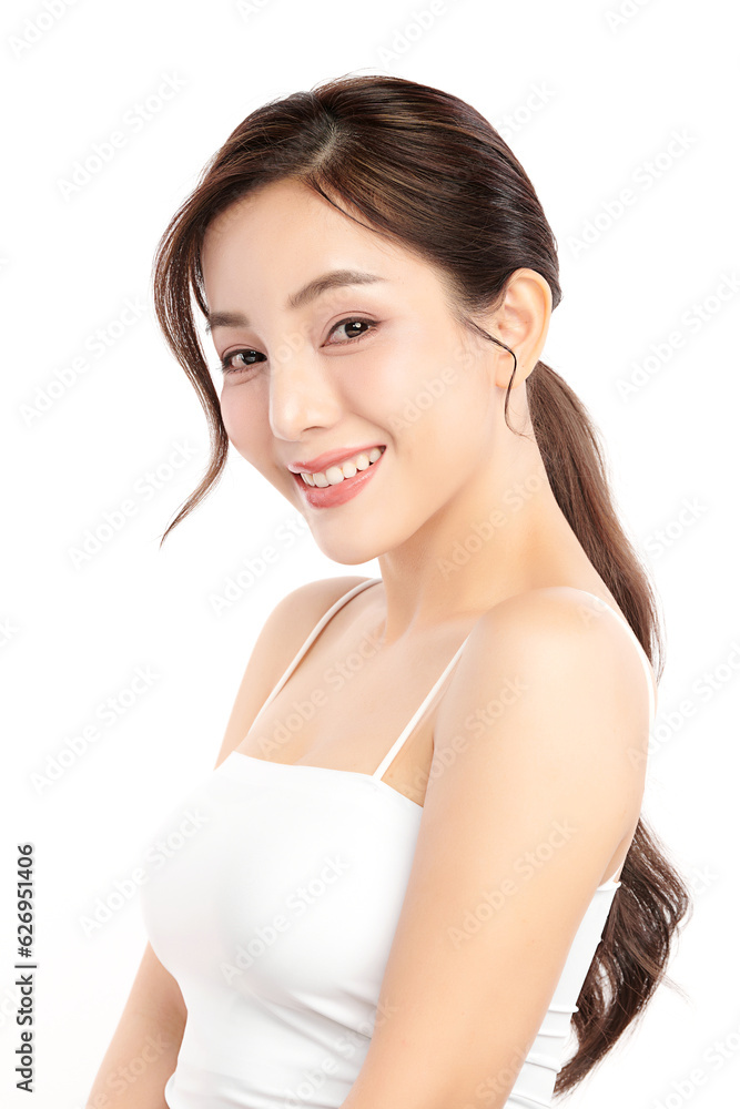 Beautiful young asian woman with clean fresh skin on white background ...