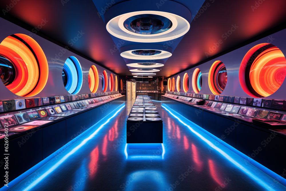 Design a sci-fi-inspired vinyl record store with LED-lit walls that ...