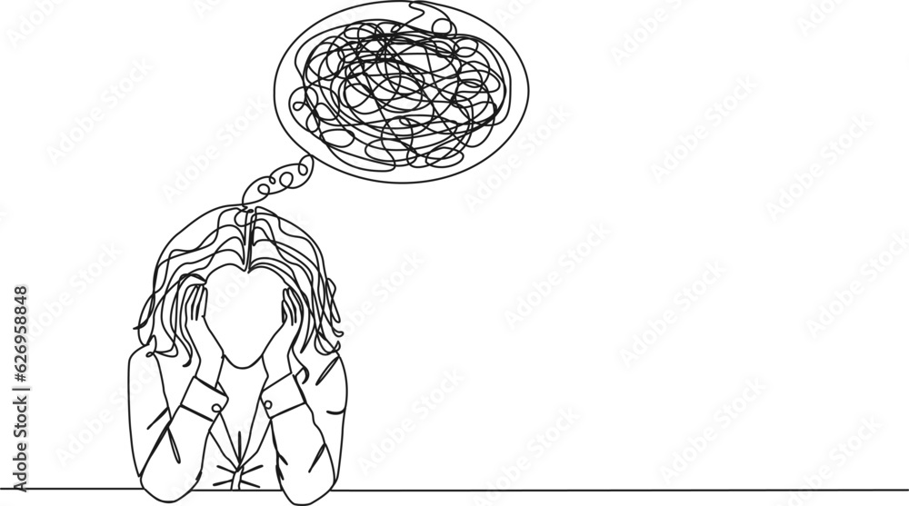 continuous single line drawing of stressed and confused woman with head in hands, line art ...