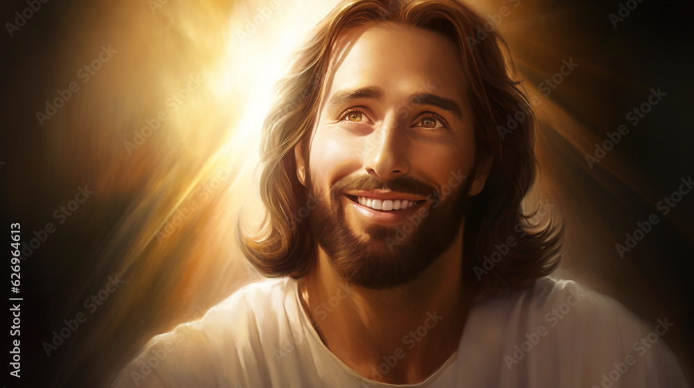 An awe-inspiring image of Jesus, depicted with a gentle smile and ...