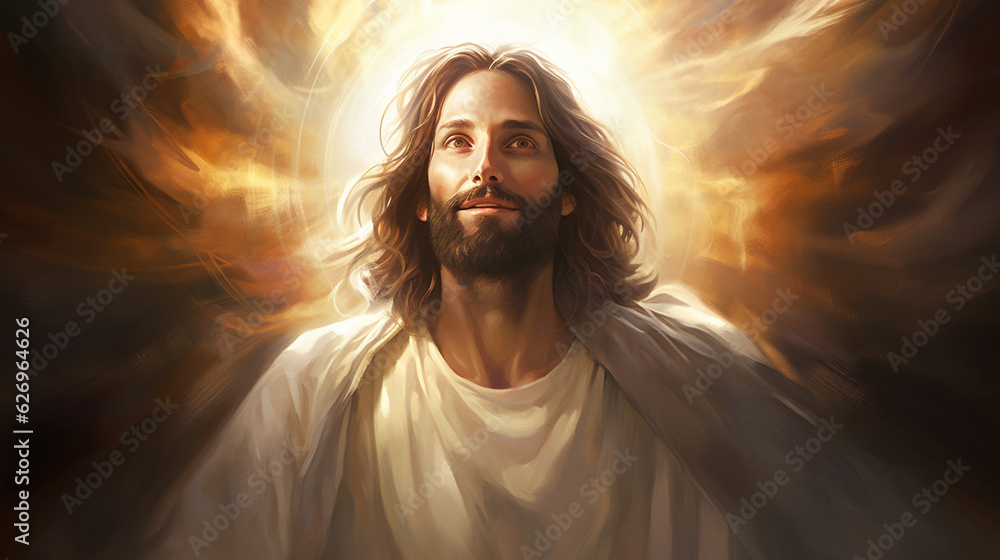 An awe-inspiring image of Jesus, depicted with a gentle smile and ...